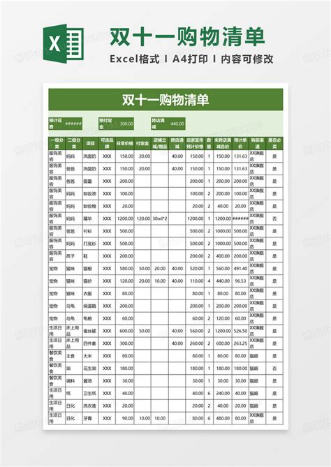 通用双十一购物清单excel模板下载熊猫办公