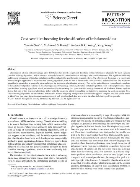 Pdf Cost Sensitive Boosting For Classification Of Imbalanced Data
