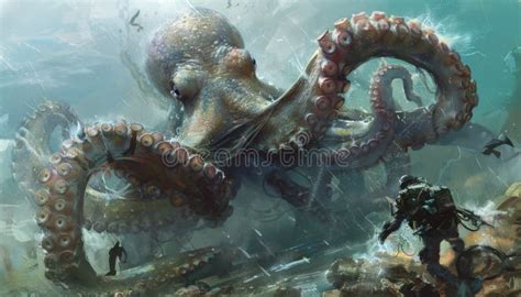 A Diver Encounters A Massive Octopus In A Vibrant Underwater Scene