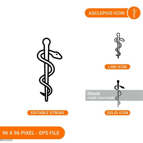 Asclepius 圖示使用實體圖示線條樣式設置向量插圖羅德 庫杜杜蘇斯概念向量圖形及更多健保和醫療圖片 健保和醫療 蛇 商標