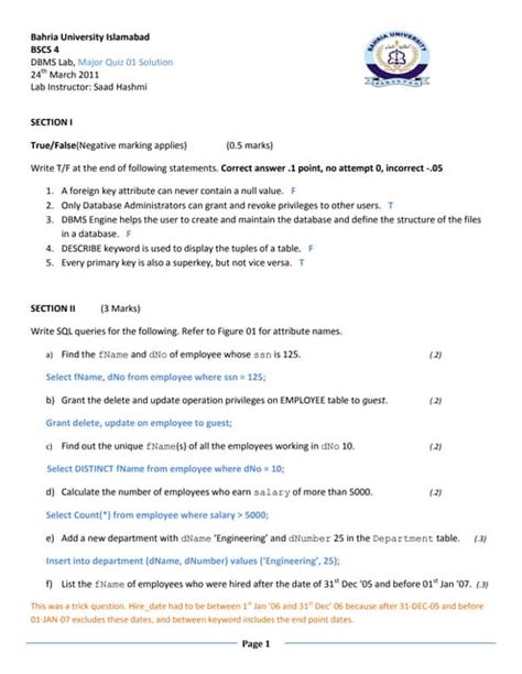 Dbms Quiz 01 Solution Pdf Databases Computer Software And Applications