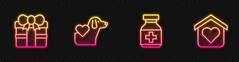 세트 라인 약병과 알약 선물 상자 개가 있는 하트 노숙자를 위한 쉼터 빛나는 네온 아이콘입니다 벡터 Emergency