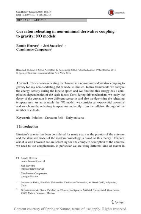 Curvaton Reheating In Non Minimal Derivative Coupling To Gravity No Models Request Pdf