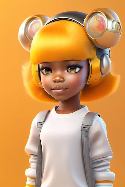 Premium Ai Image Cute Black Girl Ai Robot With Yellow Hair Pastel Yellow Background Unreal