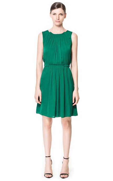 Zara Gathered Dress In Green Lyst