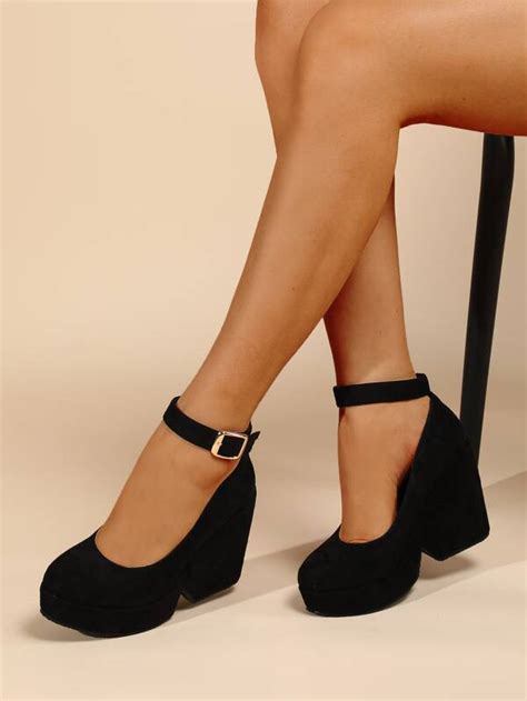 Faux Suede Ankle Strap Wedge Court Shoes Black Elegant Solid Color