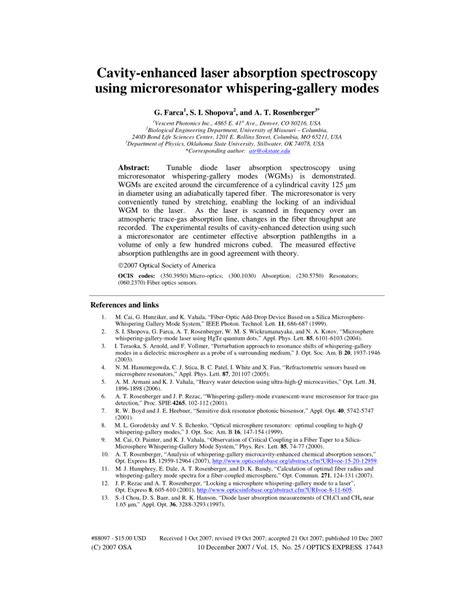 Pdf Cavity Enhanced Laser Spectroscopy Using Microresonator Whispering Gallery Modes