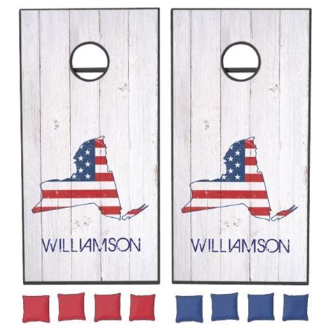 Rustic New York State Red White Blue Flag July 4th Cornhole Set