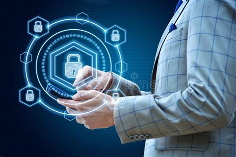 Businessman In Suit Using Smartphone With Digital Lock Interface Stock