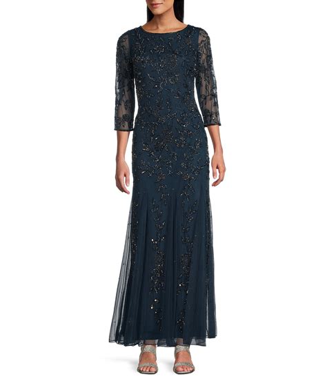 Pisarro Nights 34 Sleeve Crew Neck Long Beaded Godet Gown Dillards