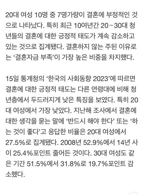결혼에 부정적 20대 여성 이렇게나 많았나10명 중 7명꼴 인스티즈instiz 이슈 카테고리