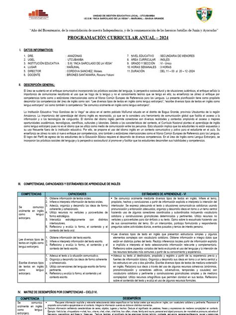 Programacion Curricular Vi Ingles 2024 Pdf