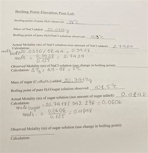 Solved Boiling Point Elevation Post Lab Boiling Point Of Chegg