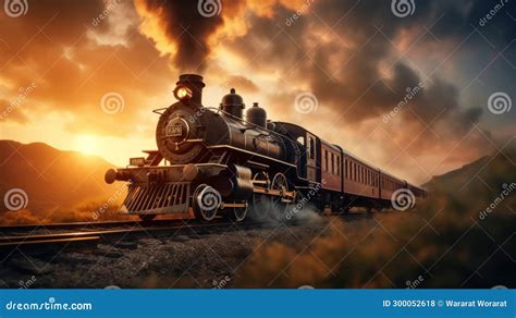 A Vintage Steam Powered Railway Train In Smoke Steam Locomotive With