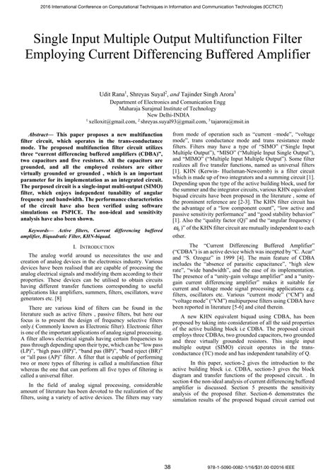 Pdf Single Input Multiple Output Multifunction Filter Employing Current Differencing Buffered