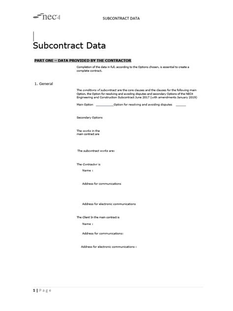 Nec4 Subcontract Data Template Pdf Deductible Private Law