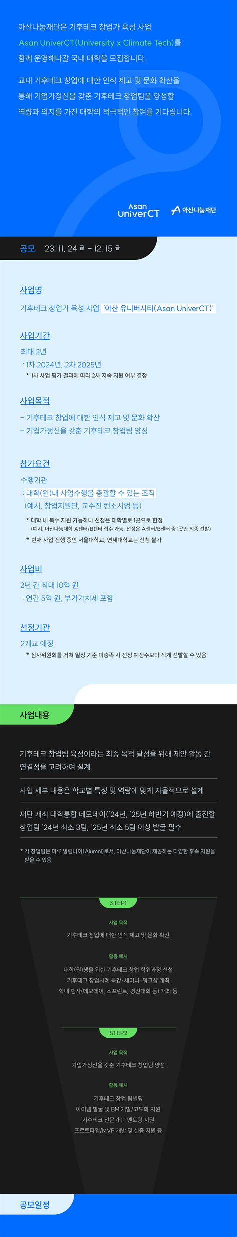 모집 기후테크 창업가 육성 사업 ‘아산 유니버시티 협력 대학 모집 ~1215 아산나눔재단