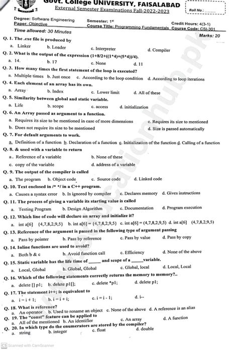Programming Fundamentals Bscs Gcuf Past Paper 2023 2 Education Hub