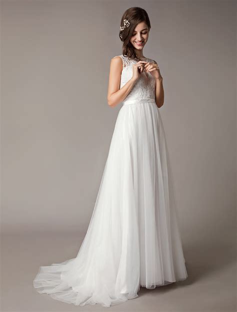 Wedding Dresses Lace Tulle Ivory V Neck A Line Beach Bridal Gowns