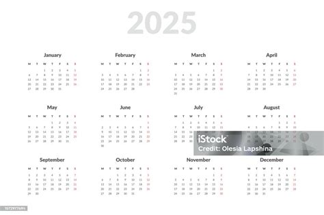 2025년 연간 달력 템플릿입니다 벽이나 책상의 벡터 레이아웃은 월요일에 시작하는 간단한 달력입니다 흑백 색상의 달력 디자인
