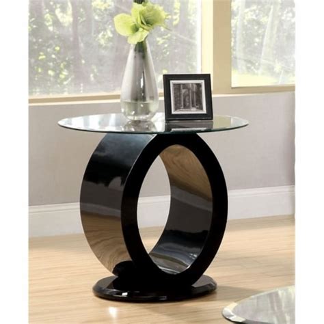Bowery Hill Round Contemporary Wood End Table With Glass Top In Black