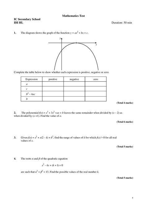 Quadratics And Polynomials Test 1 Mathematics Test Ic Secondary School Ibi Hl Duration 50 Min