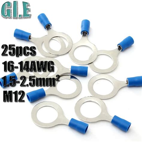 25 개 세미 절연 M12 블루 링 와이어 전기 압착 단자 커넥터 구색 키트 15 25mm2 16 14 Awg 높은 품질