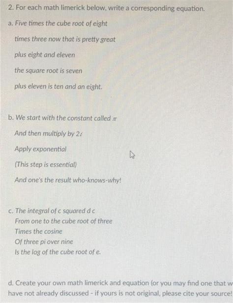Solved 2 For Each Math Limerick Below Write A