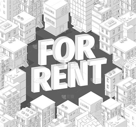 出租。城市建筑中的文字。等距视图。灰色线条用阴影勾勒轮廓风格。房地产。矢量插图。