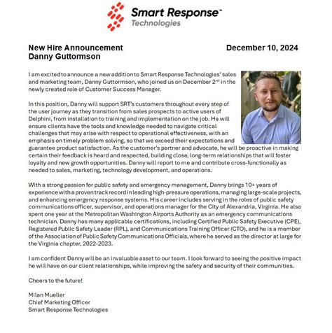 It Is With Great Pleasure We Welcome Danny To Our Team Smart Response Technologies