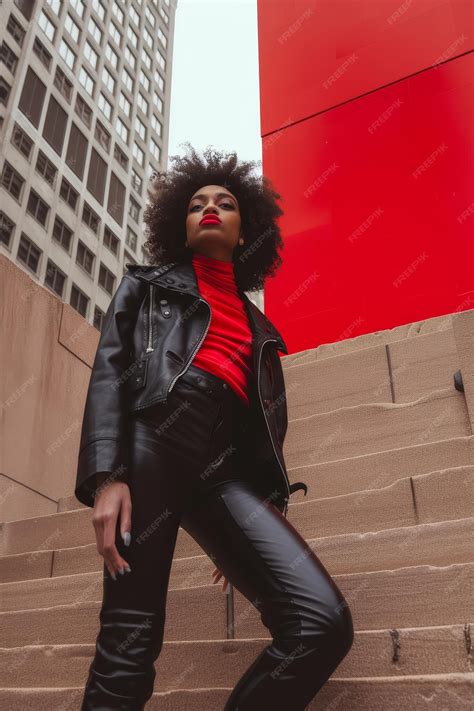 Premium Photo Confident Woman In Leather Outfit Posing On Stairs With