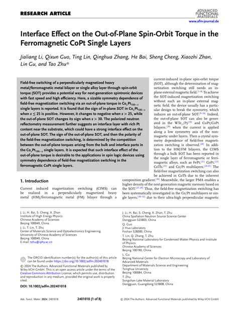 Pdf Interface Effect On The Out‐of‐plane Spin‐orbit Torque In The