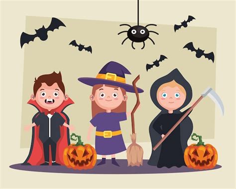 Niños De Halloween Disfrazados Vector Premium