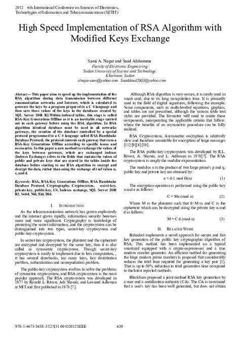 Pdf High Speed Implementation Of Rsa Algorithm With Modified Keys