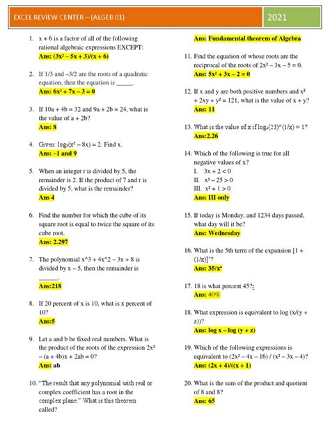 1 excel question bank math algeb1 ans download free pdf numbers