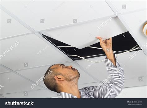 Asian Man Install Suspended Ceiling House Stock Photo Shutterstock
