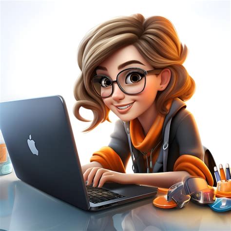 3d Illustration Of A Beautiful Girl With Glasses Working On A Laptop