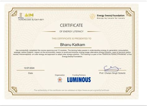 Successfully Completed The Energy Literacy Training Course Spaning Over 12 Modules Bhanu