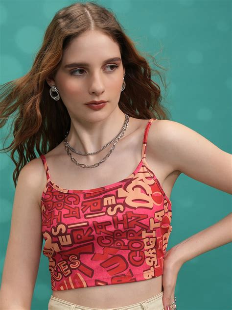 Buy Tokyo Talkies Red Typography Print Shoulder Strap Crop Top Tops