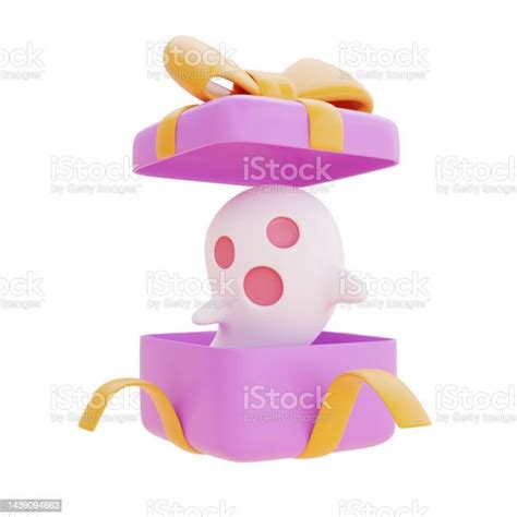 흰색 배경에 격리된 할로윈 귀여운 유령 전통적인 10월 휴일 3d 렌더링이 있는 선물 상자를 열었습니다 0명에 대한 스톡 사진