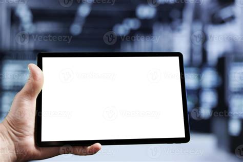 Skilled It Programmer Using Mock Up Tablet To Check Operational Server Clusters Close Up