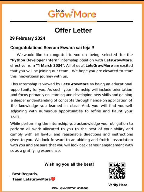 Eswari Seeram On Linkedin Pythonprogramming Letsgrowmore Internship Offerletter Hr