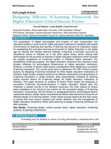 Pdf Designing Effective E Learning Framework For Higher Education Critical Success Factors