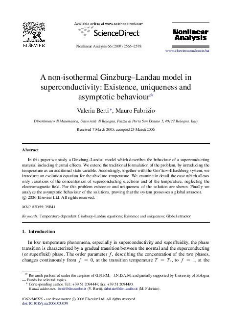 Pdf A Non Isothermal Ginzburglandau Model In Superconductivity Existence Uniqueness And
