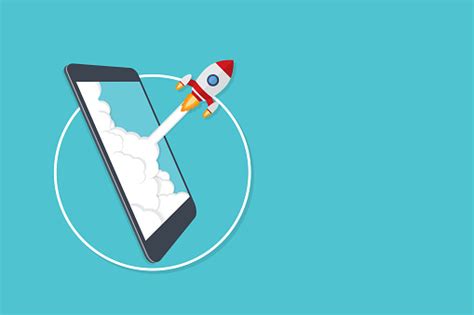 응용 프로그램 실행입니다 시작 벡터 개념 평면 만화 로켓 이나 우주선 발사 휴대폰 또는 스마트폰 성공적인 비즈니스 프로젝트 시작 기술 부스트 혁신의 아이디어 로켓에 대한