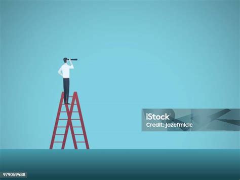 사다리 꼭대기에 서 있는 사업가와 비즈니스 비전 벡터 개념 몽 상가의 상징 도전 경력 진행 성장 새로운 기회 검색에 대한 스톡 벡터 아트 및 기타 이미지 Istock