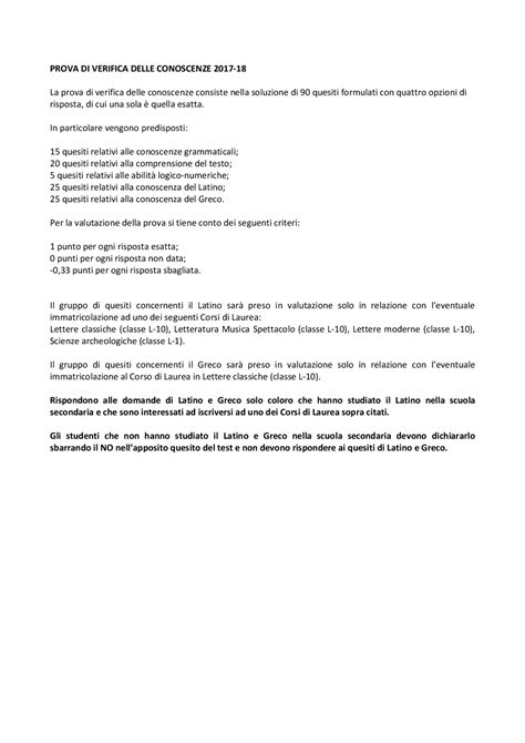 Prova Di Verifica Delle Conoscenze 2017 18 Ofa Sapienza Docsity
