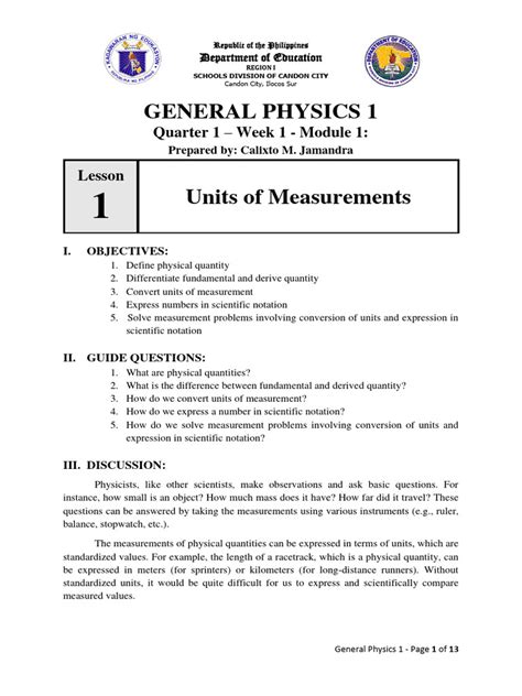 General Physics 1 Q1 W1 M1 Lds Measurements Alg Rtp Pdf Accuracy
