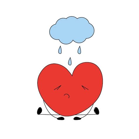 하트 모양의 캐릭터는 비오는 구름 아래 슬프다 프리미엄 벡터