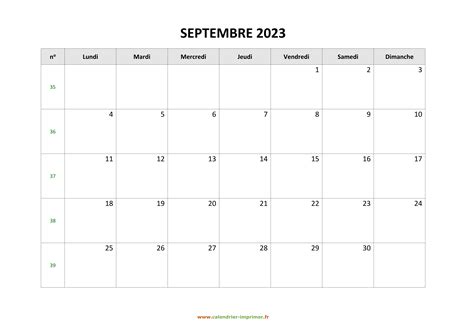 Calendrier Septembre 2023 à Imprimer